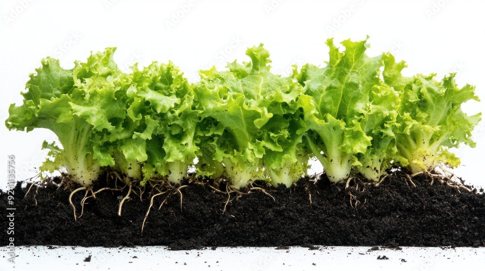 A cross-section of soil showing the roots and leafy tops of lettuce ...
