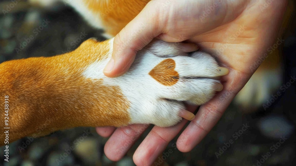 Heart-shaped spot on a dog's paw intertwined with a human hand ...