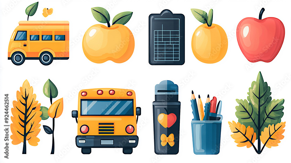 Back to School themed icons like a school bus, apple, and blackboard in ...