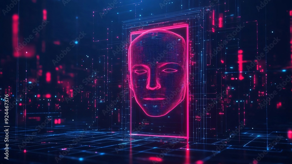 Futuristic digital face projection illuminated in neon lights ...