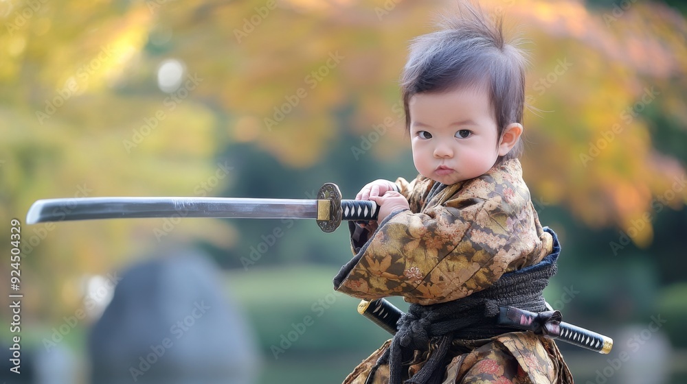 Playful Baby Samurai In Traditional Attire Trying To Impress You With