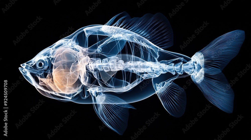 Detailed X-ray view of a piranha showing its intricate skeletal system ...