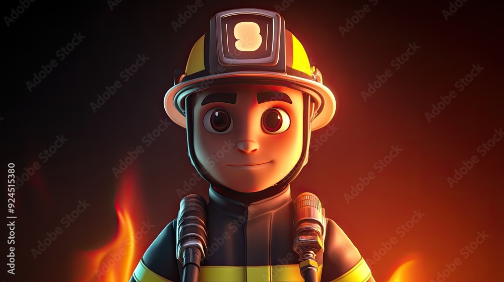 3D cartoon image of a brave and confident firefighter wearing a helmet ...