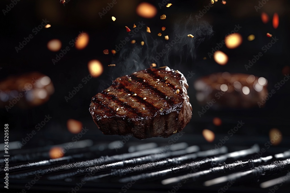 Grill Beef steaks, realistic 3d brisket flying in the air, grilled meat ...