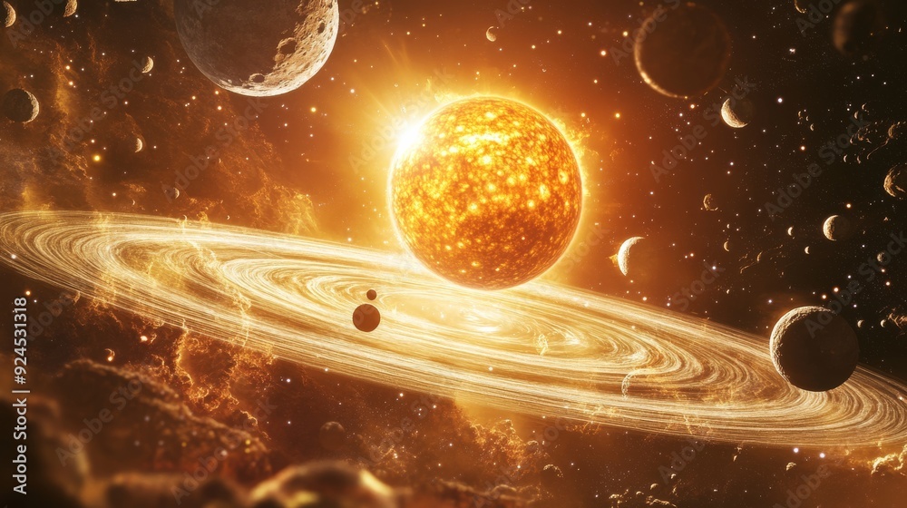 Solar system with planets and moons orbiting the sun, fantasy space ...