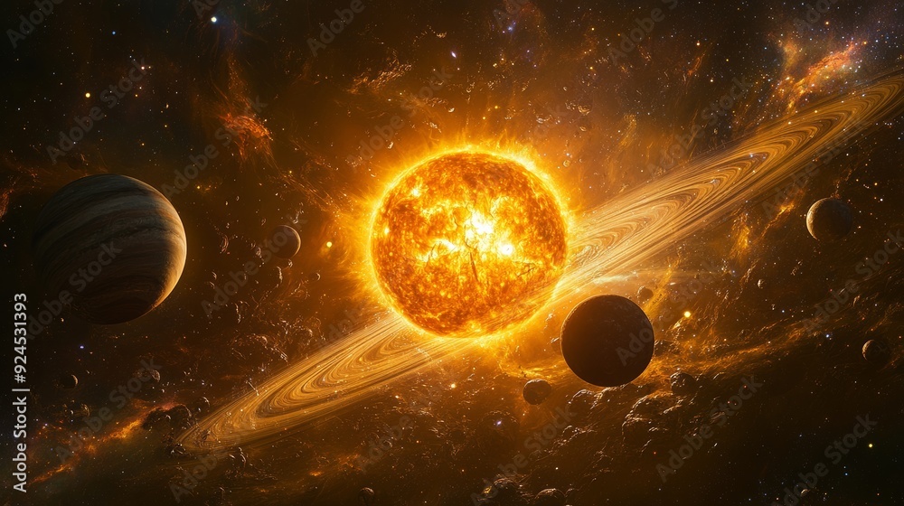 Solar system with planets and moons orbiting the sun, fantasy space ...