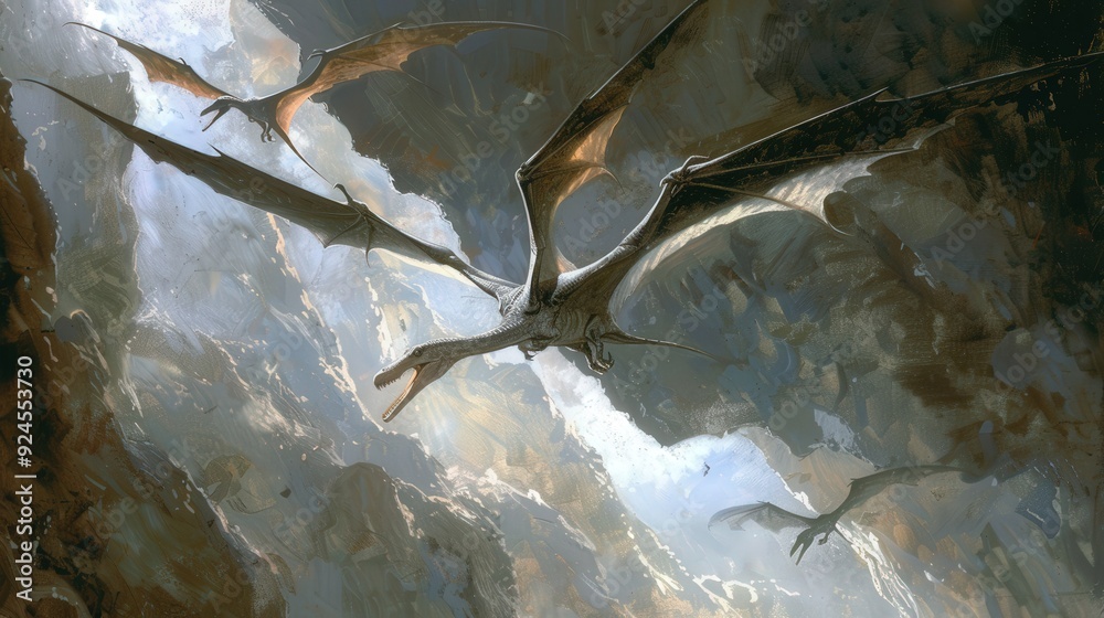Artistic depiction of prehistoric flying reptiles, showing pterosaurs ...