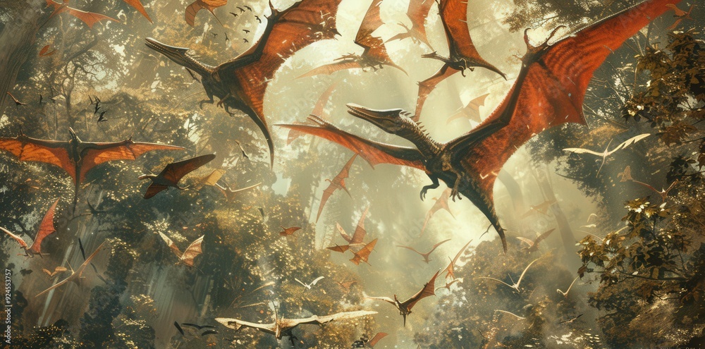 Artistic depiction of prehistoric flying reptiles, showing pterosaurs ...