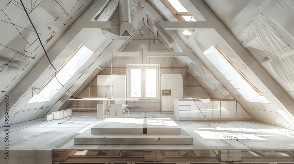 Artistic representation of a blueprint for a residential attic ...