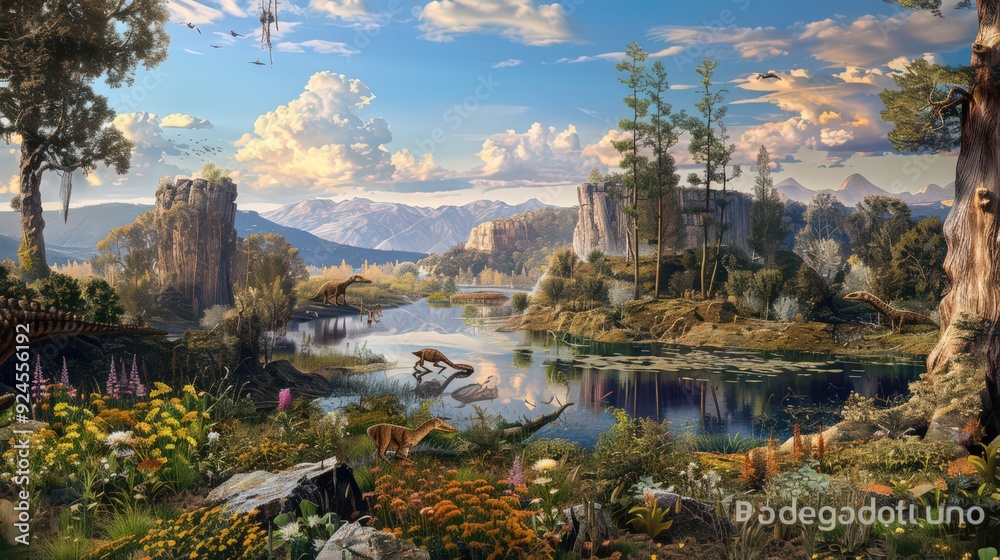 Artistic representation of a Cretaceous period landscape, depicting the ...