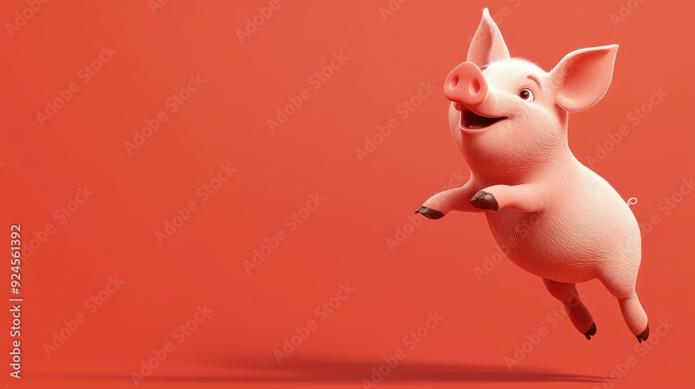 An adorable pig cartoon jumping in the air, with a solid color ...