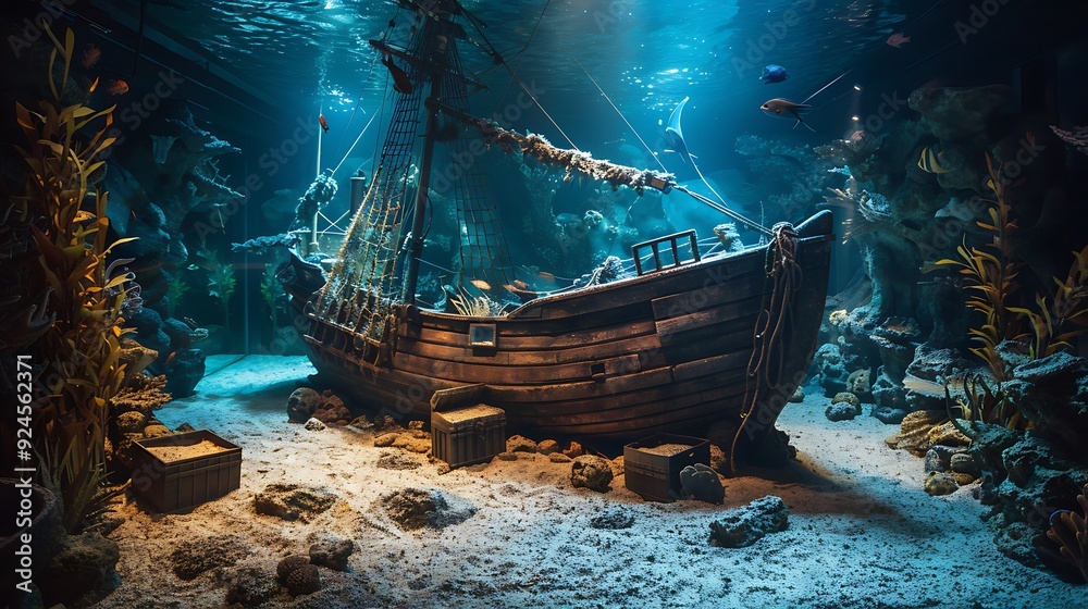 An aquarium with a shipwreck theme, showcasing a partially buried ship ...