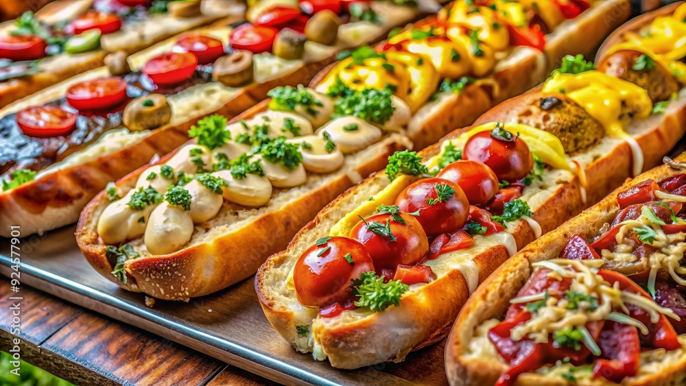 Colorful cafeteria display showcases various Zapiekanka hot sandwiches ...