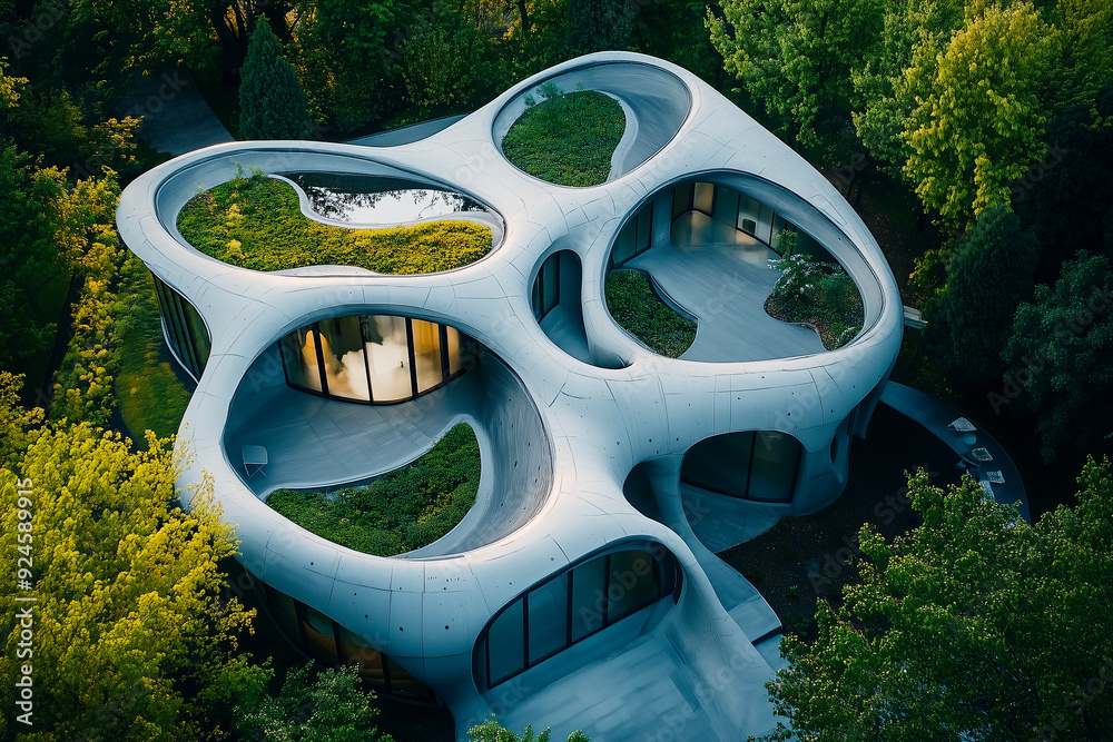 Futuristic building in a garden. Green live structure. Modern bio ...
