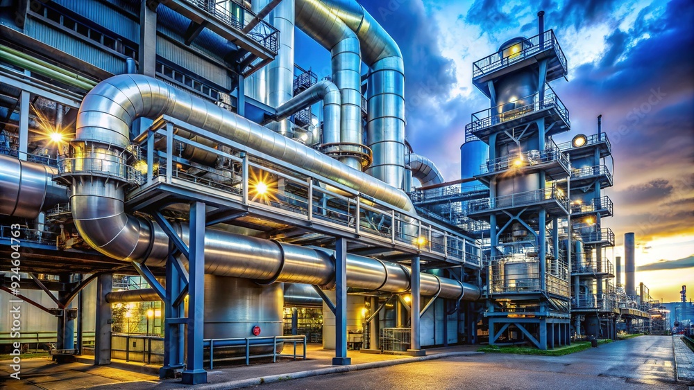 Industrial pipes and machinery at a carbon capture and storage facility ...