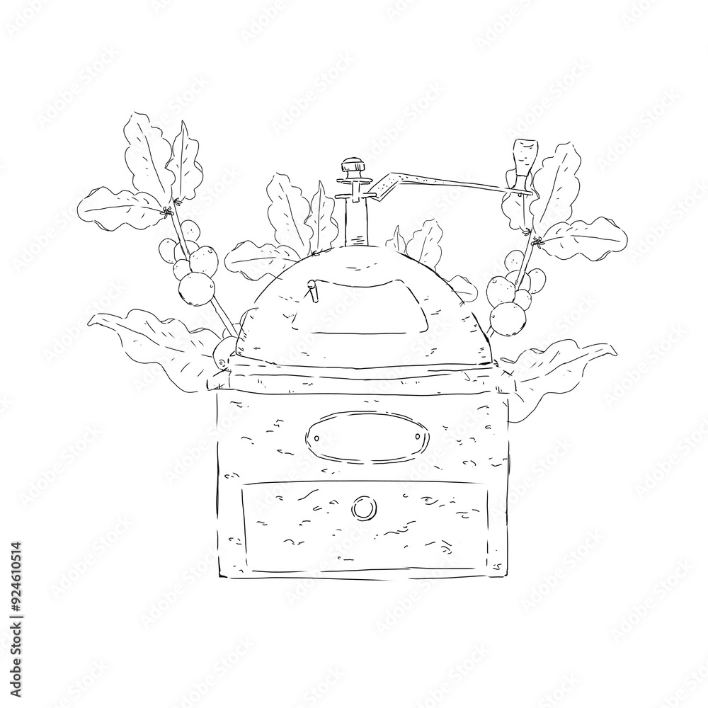 Coloring book page with mechanical coffee grinder in the background ...