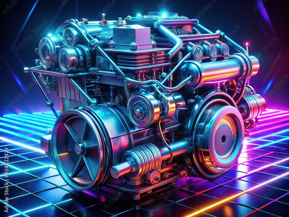 Cyberpunk Engine: Futuristic engine and transmission with neon accents ...