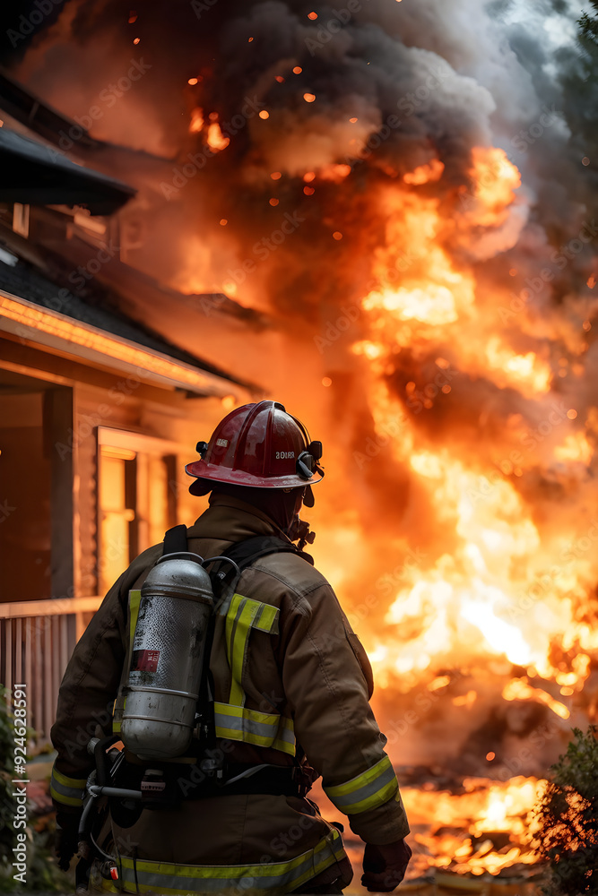 Fireman in action against house on fire , back point of view. Stock ...