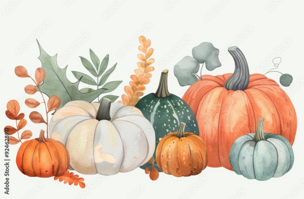 Watercolor pumpkins and gourds with autumn leaves, in muted pastel ...
