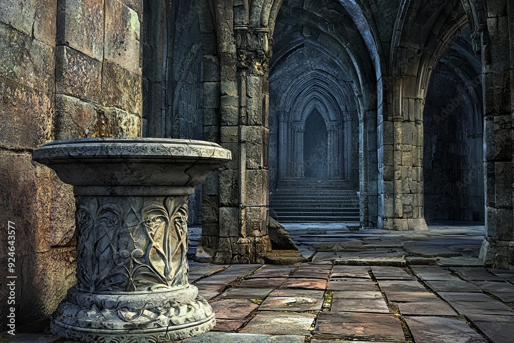 This is a fantasy medieval architectural interior with a large high ...