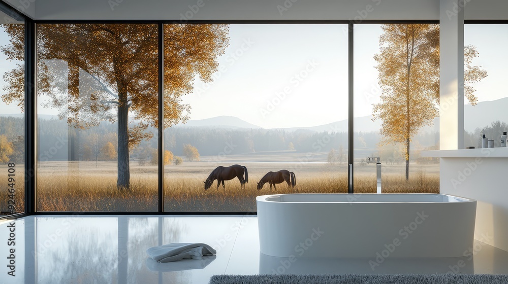 Bathroom, white minimalist interior design, big windows with autumn ...