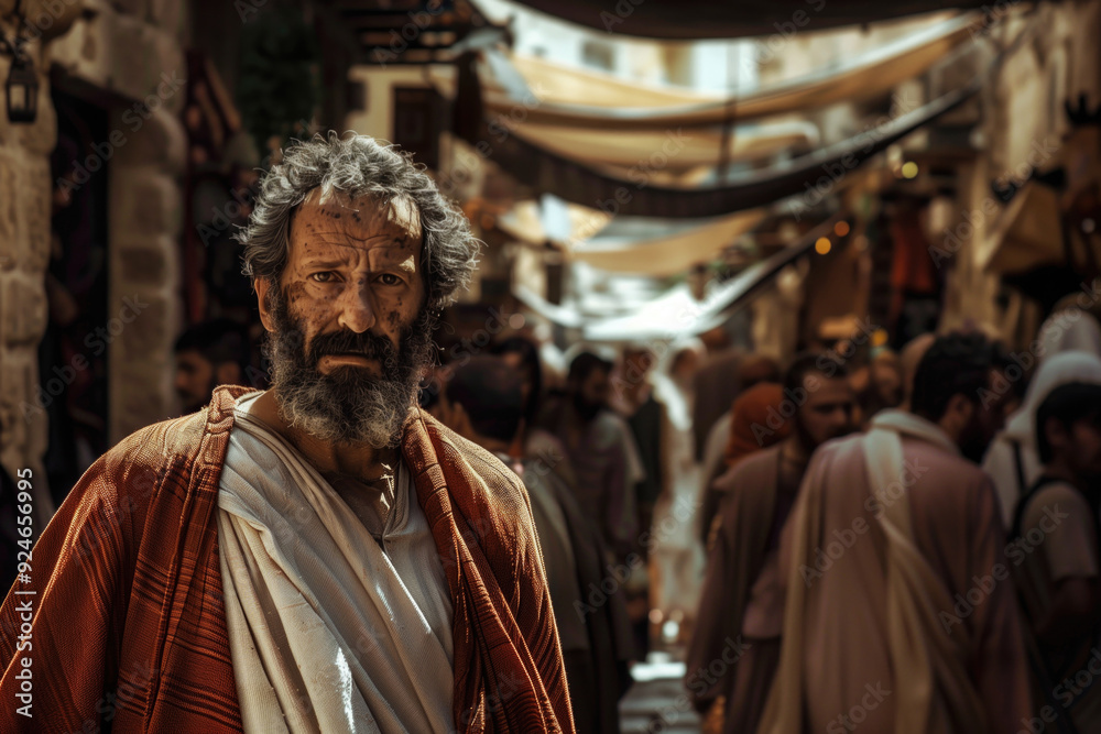 Apostle Peter in traditional robe stands in bustling market in Galilee ...