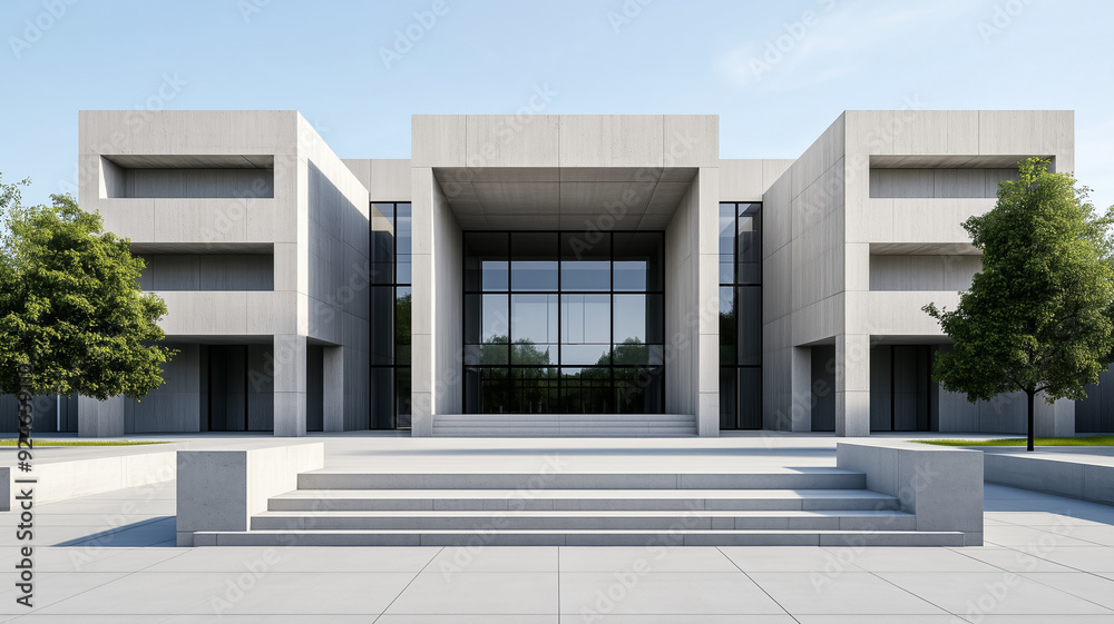 A brutalist community center with large blocky forms textured concrete ...