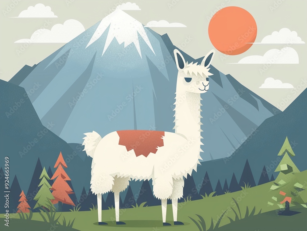 Adorable llama standing with mountain backdrop clipart, flat art ...