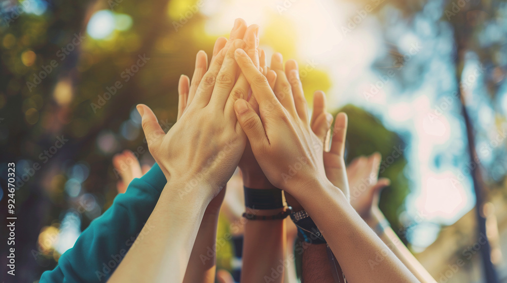 Teamwork. Team harmony. Team building. People high five each other in ...