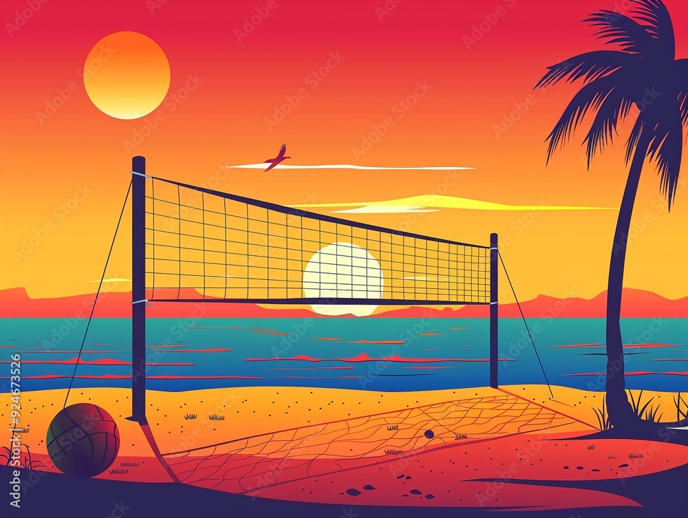 Sunset beach volleyball clipart, summer fun, flat art, simple cartoon ...