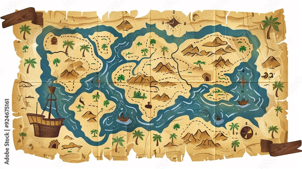 Antique treasure map clipart, adventure quest, flat art, simple cartoon ...