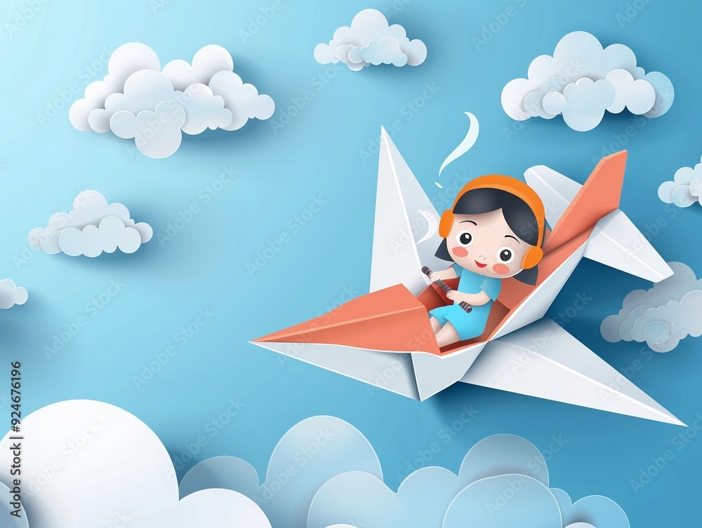 Child as a pilot in paper airplane, clouds around, imagination, logo ...