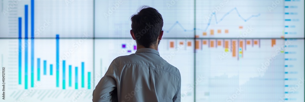 An individual analyzes various data charts displayed on a large digital screen, indicating a ...