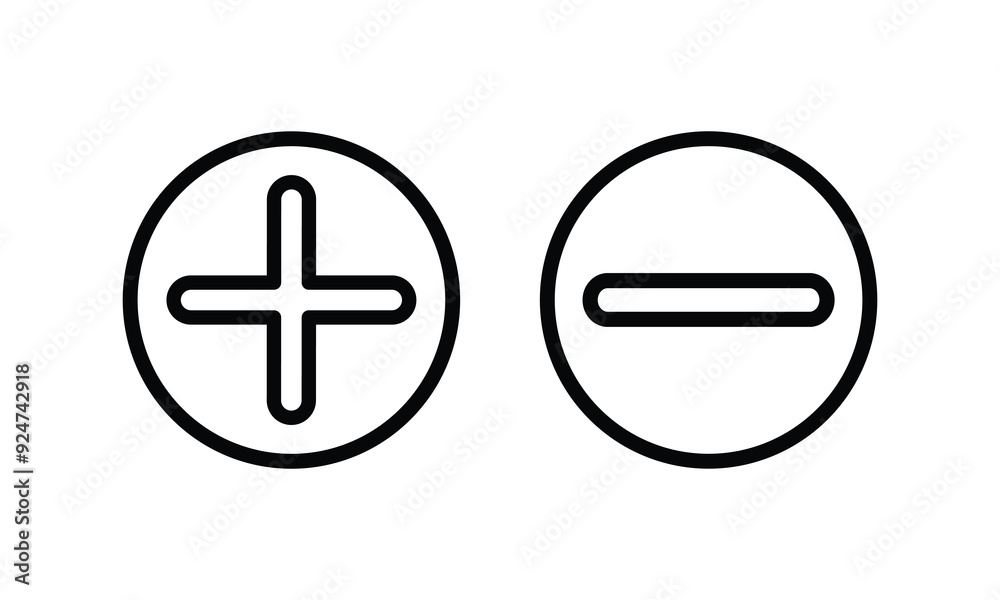 set of plus and minus symbols in circular and square shapes, positive ...