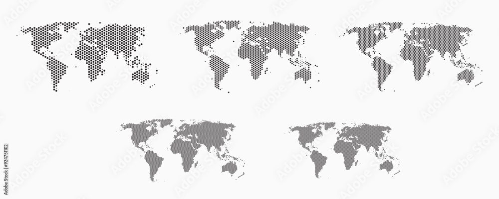 Set of flat earth world maps with hexagonal dots in different ...