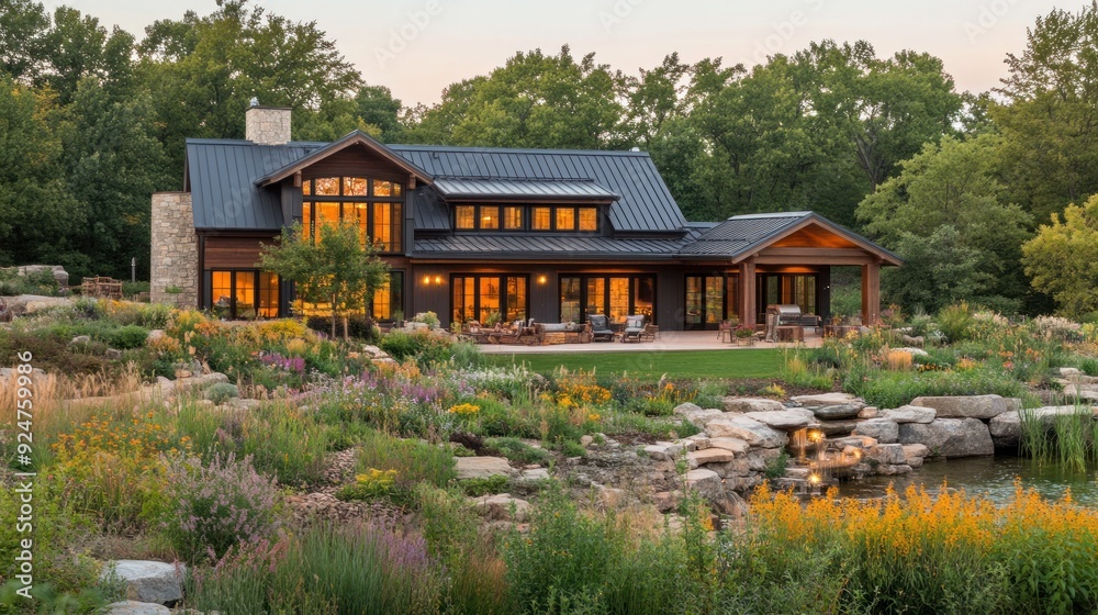 A modern farmhouse with a stone fireplace and large windows sits on a ...