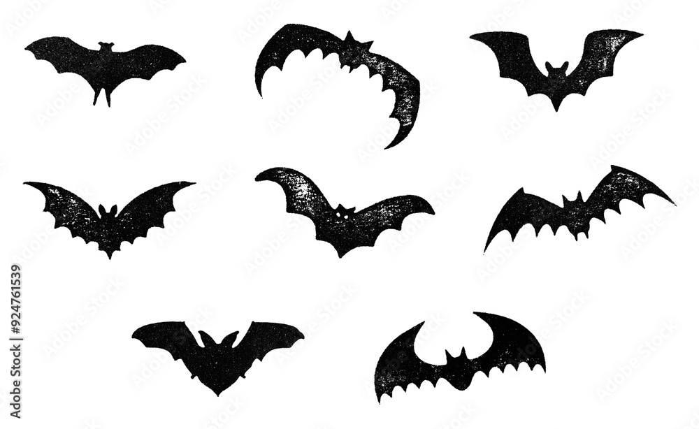 Set of bat silhouettes with distressed eroded texture effect isolated ...