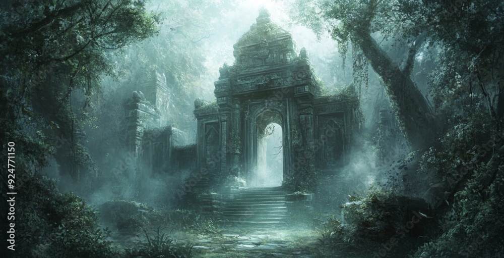 Mystical Ancient Temple: A Shrine Enveloped in Mist and Vines within a ...