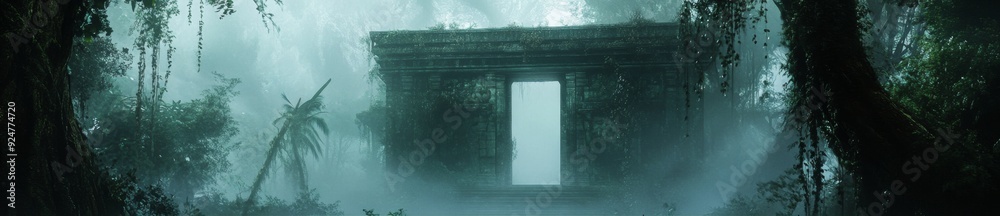 Mystical Ancient Temple: A Shrine Enveloped in Mist and Vines within a ...