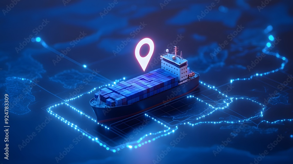 Cargo ship with digital map and pin location icon, illustrating global ...