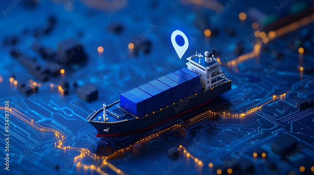 Digital representation of cargo ship with GPS pin on circuit board ...
