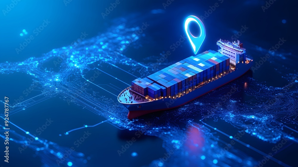 Digital representation of global shipping logistics with a cargo ship ...