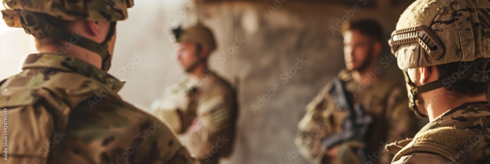 Group of soldiers in military gear engaging in discussion, possibly ...