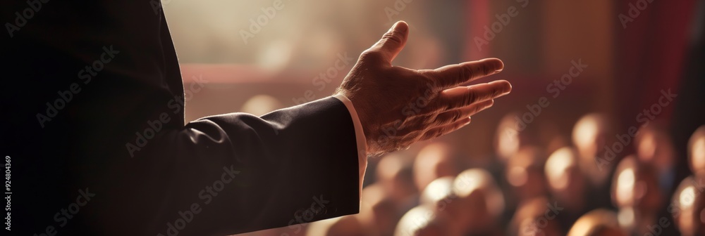 This image captures a hand emphasizing a point during a formal speech ...