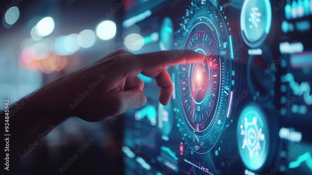 Virtual touchscreen with futuristic userinterface, side view, engaging ...