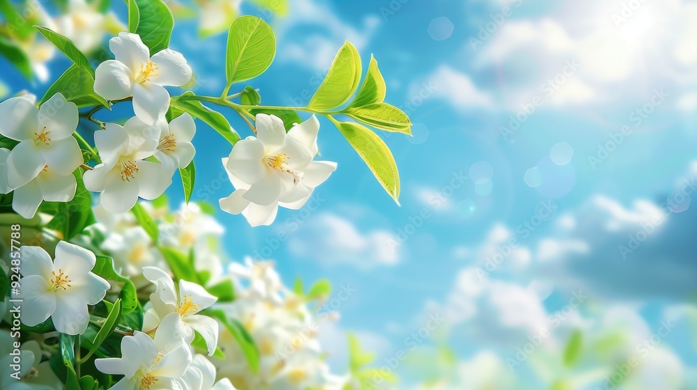 Jasmine flowers on blue sky background for design purposes Stock Photo ...