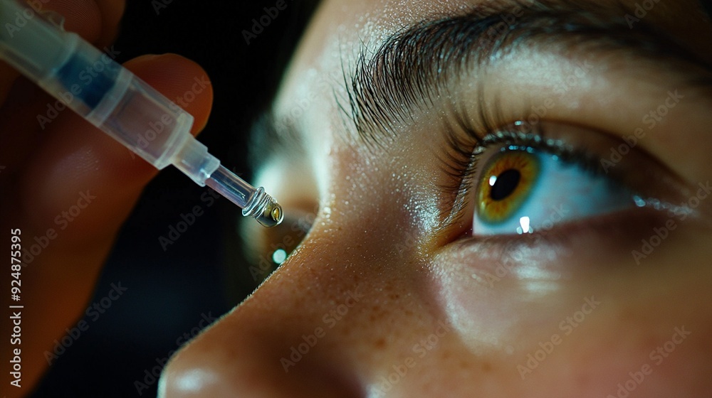 Foto de Stock Extreme close-up of a human eye receiving eye drops from ...