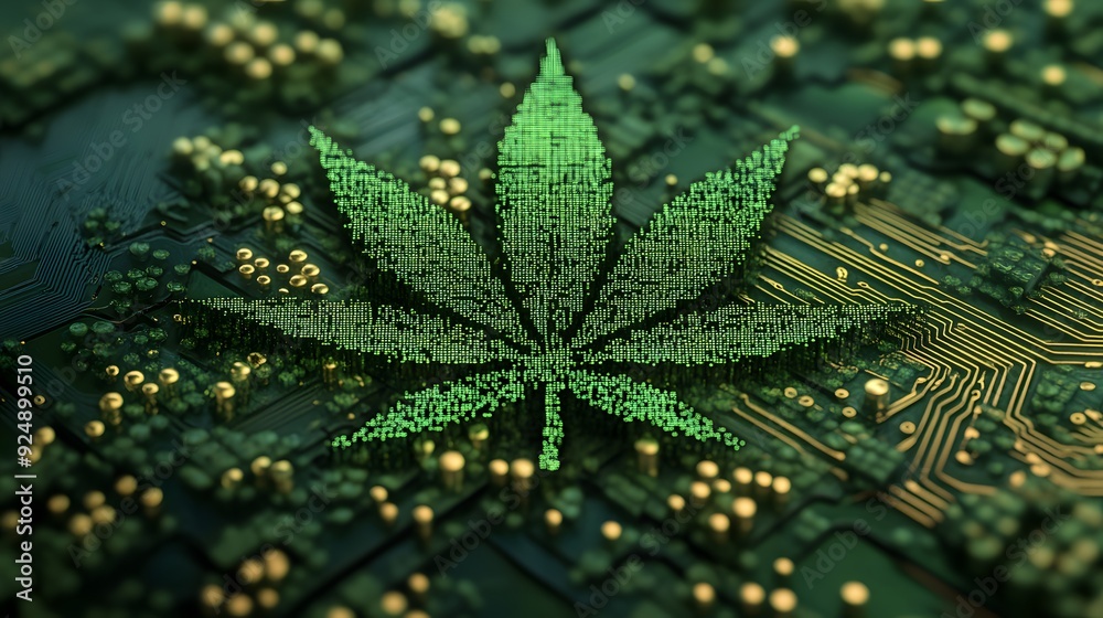 Marijuana leaves on a pixel technology background, close up top view on ...