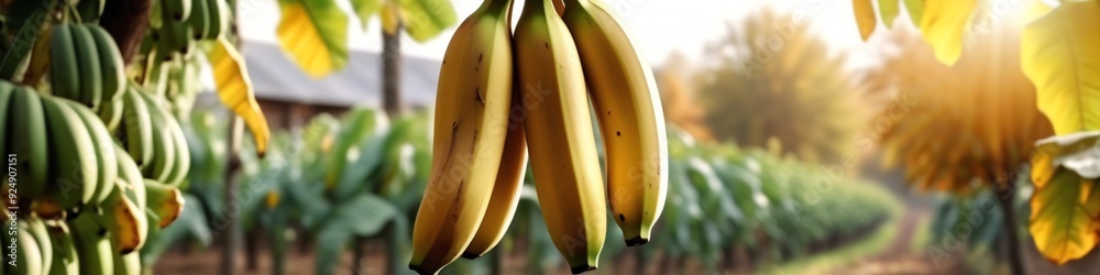 Ripe yellowing bananas hang in clusters on banana plantations ...