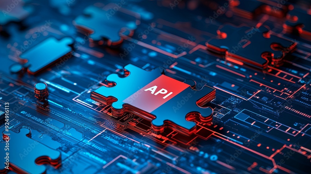 digital representation of an API puzzle piece oncircuit board background, conveyingsense of ...